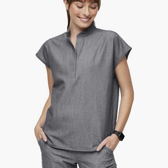Figs | Tops | Figs Gray Boxy Blouse With Mandarin Collar | Poshmark